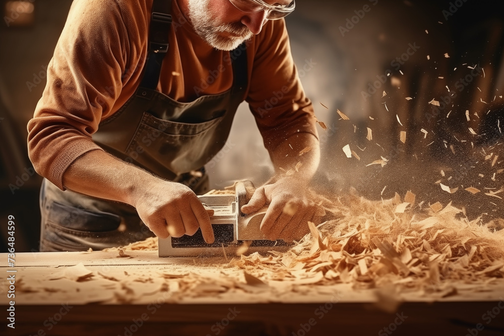 Schreiner arbeitet in der Schreinerei mit Holz, Holzspäne fliegen beim ...
