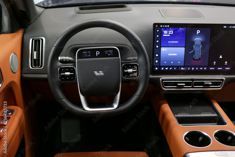 Interior of a car detail SUV Lixiang L9 luxury. Dashboard, steering ...