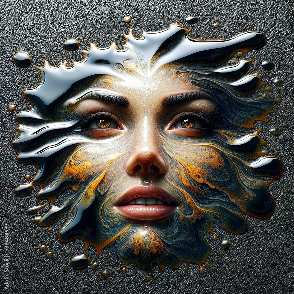 Artistic representation of a woman's face melting into liquid forms ...