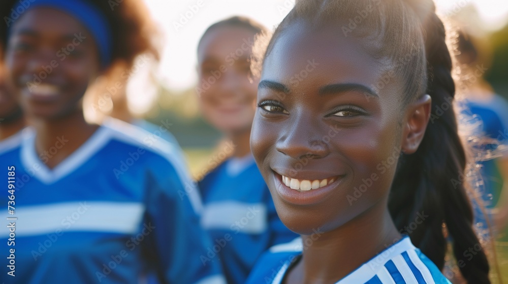 Happy confident young female football soccer player together with her ...