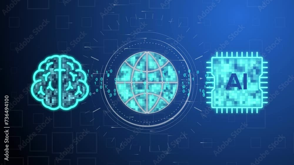 Cg footage about the interaction between humans and ai. On a background ...