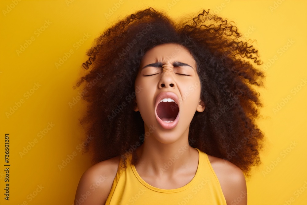 woman with long curly black hair, wearing yellow top, funny or angry ...