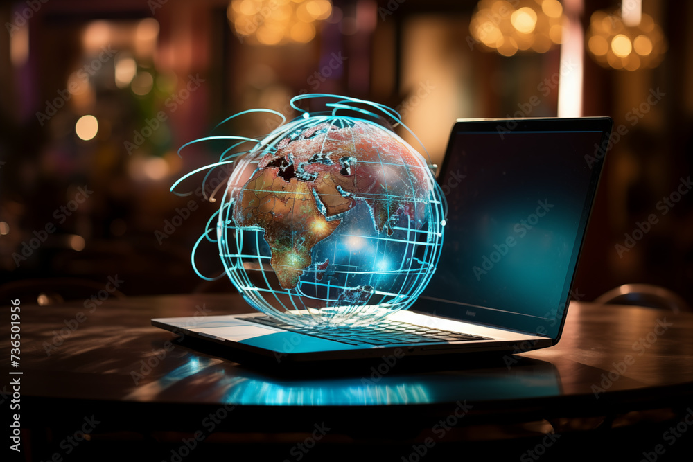 Laptop in einer digitalen Umgebung, Leuchtende Netzwerkstrukturen ...