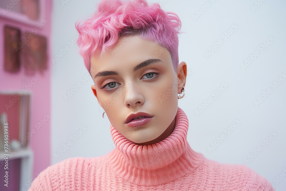 Inspirational Pink non binary model. Happy person wearing rose clothes ...