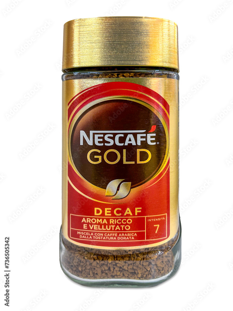 Italy - February 06, 2024: Nescafe gold decaf instant coffee in glass ...