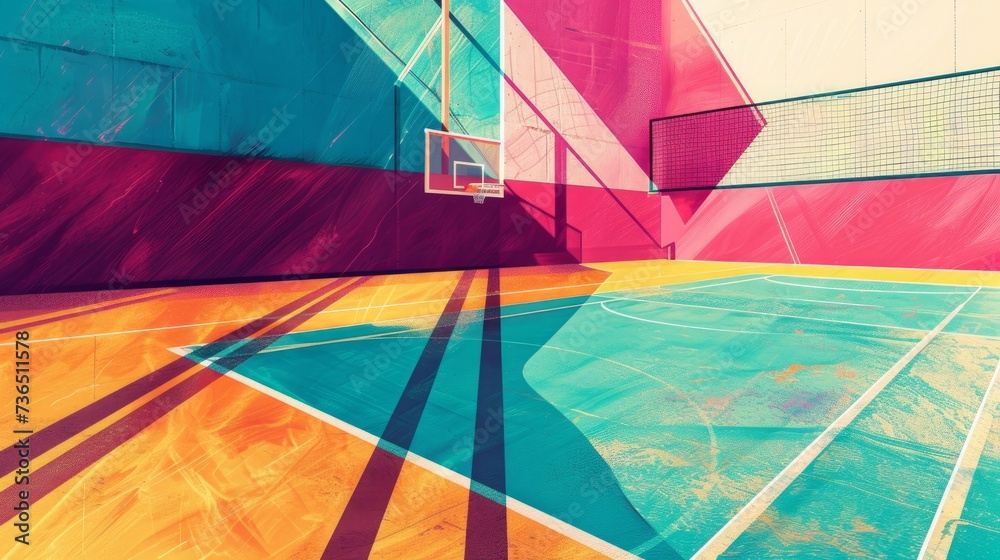 A stylized, abstract graphic representation of a netball court ...