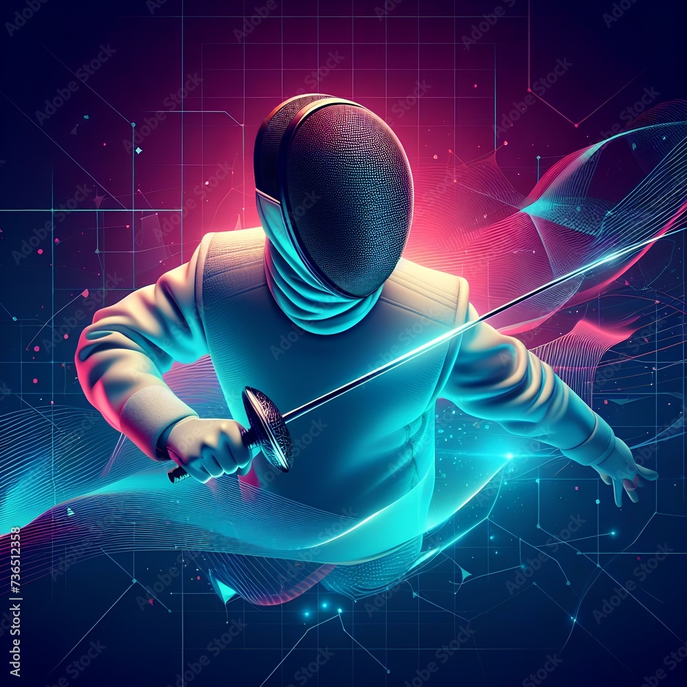 Flyer. Professional fencer training with sword in motion against blue ...