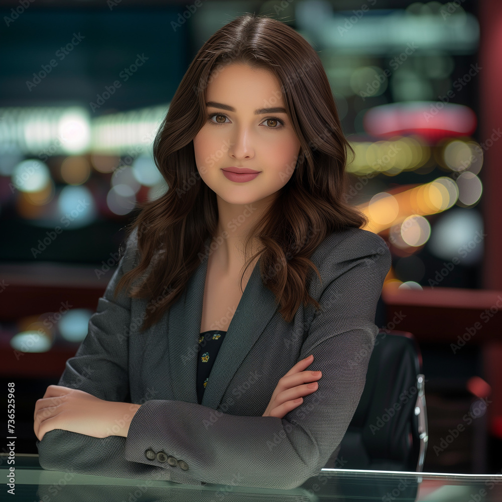 femme journaliste, sur un plateau de télévision, dans un studio d ...