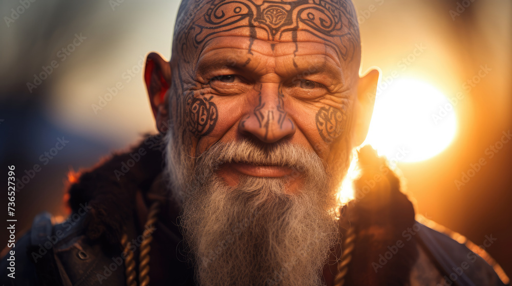 Maori man with traditional moko facial tattoos against the rising sun ...