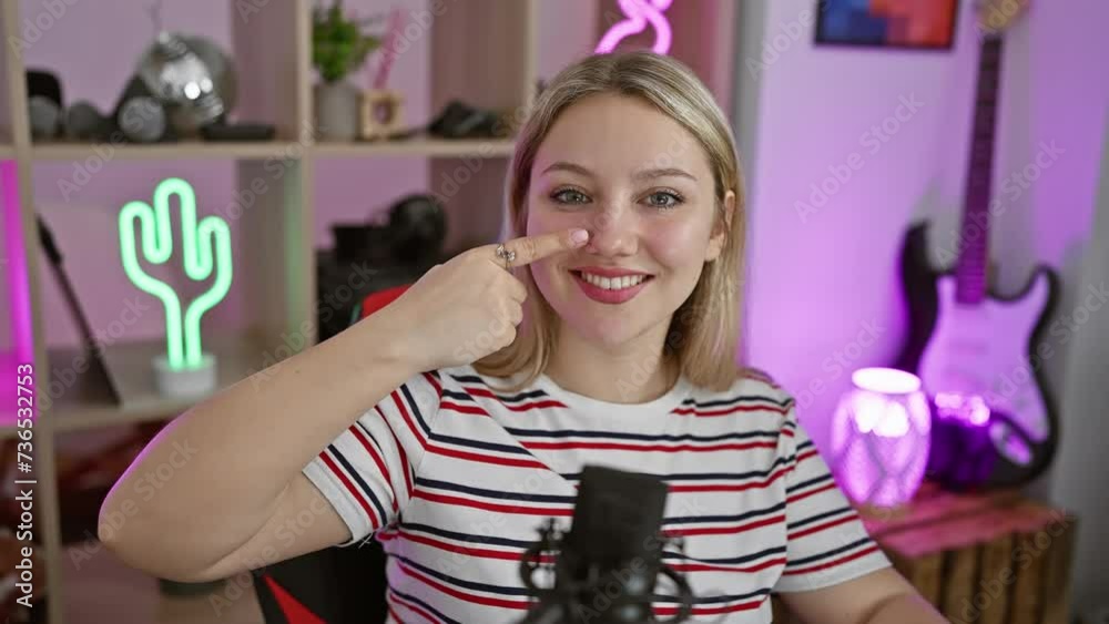 Attractive young blonde woman streamer smiling, pointing finger to nose ...