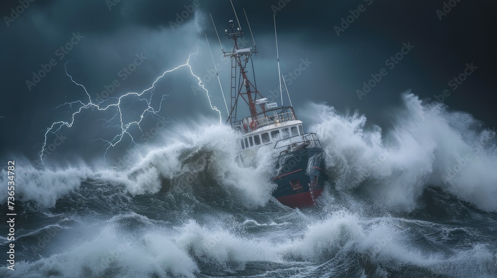 on a boat during a raging storm, with waves crashing against the vessel ...