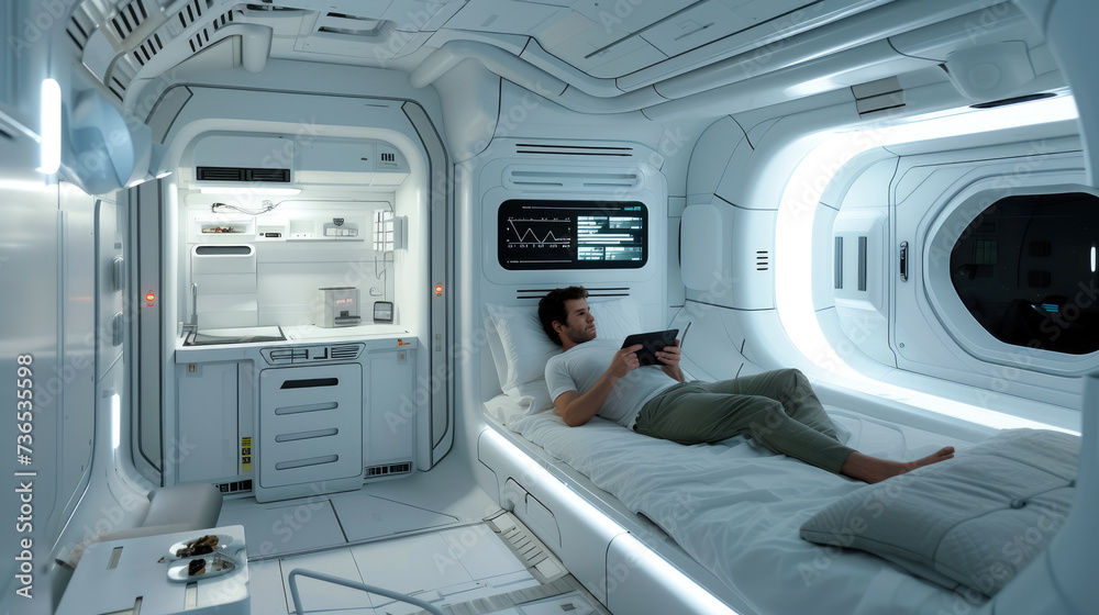 Man rests on bed in spaceship room, design of starship interior or ...