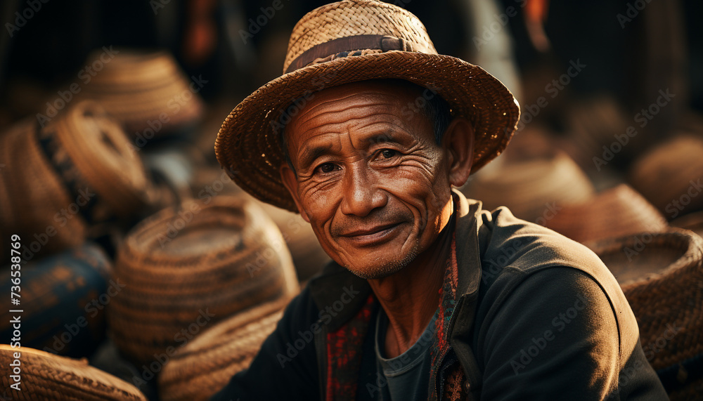 Smiling senior men in traditional clothing, working in rural ...