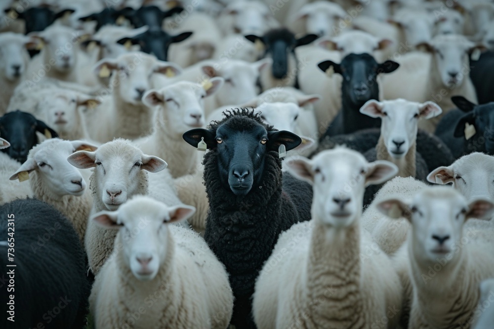 A black sheep among a flock of white sheep, raising head as a leader ...