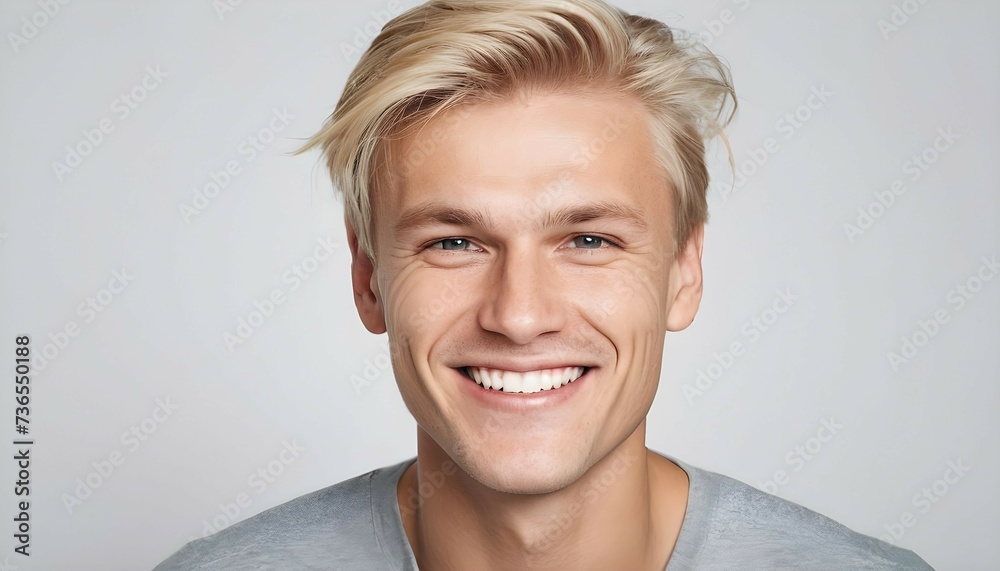 a closeup photo portrait of a handsome blonde scandinavian man smiling ...