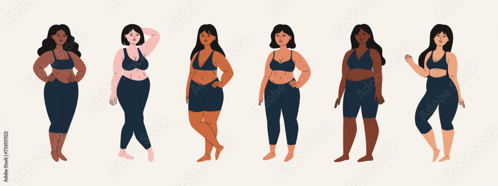 Cartoon chubby women in sportswear. Curvy female characters, overweight ...