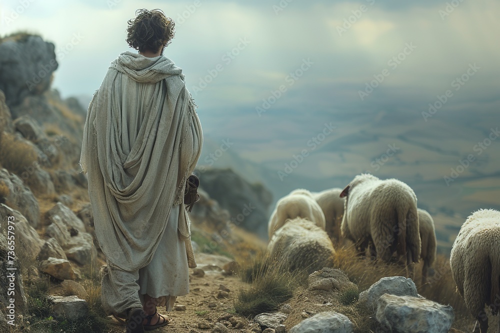 Young David shepherds sheep, Bible story. Stock Photo | Adobe Stock