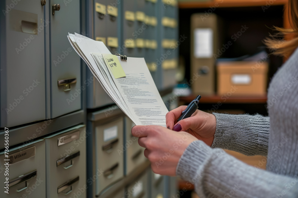 model filing a paper with a cabinet and a folder in the background and ...