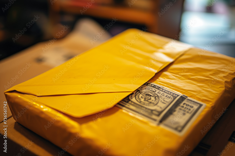 parcel with a yellow color and a envelope shape and a delivery overlay ...