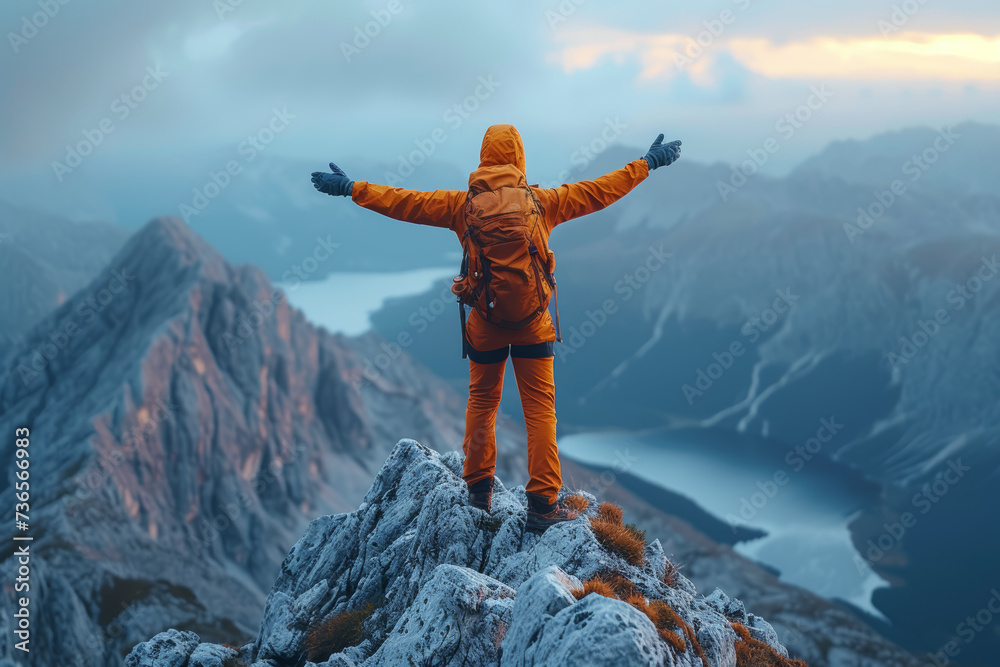 A photograph of a hiker reaching the summit of a towering peak, arms ...