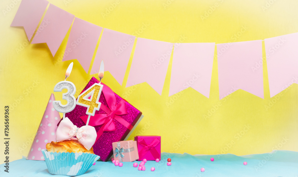 Date of birth with cake and number 34. Colorful card happy birthday for ...