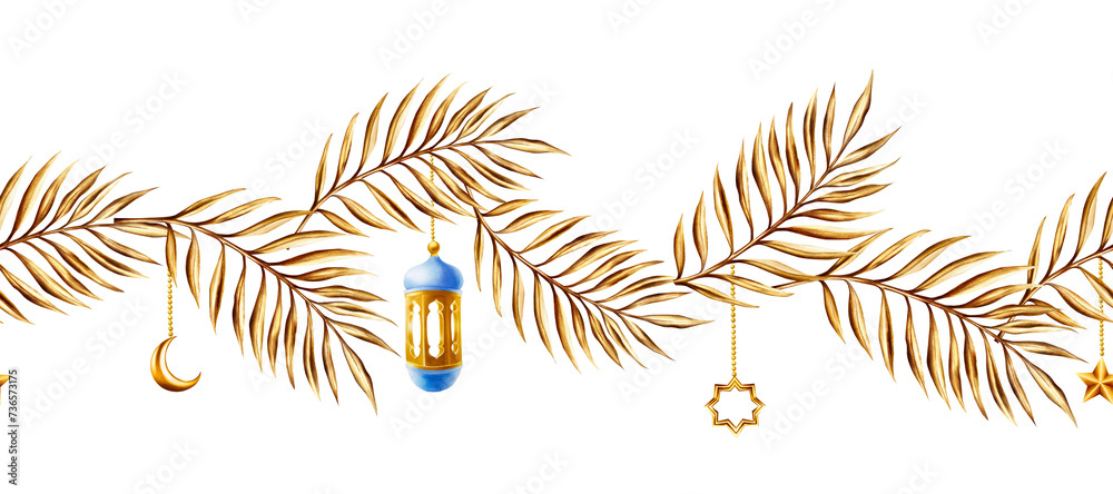 Watercolor seamless border with Islamic arabian golden crescent moon ...