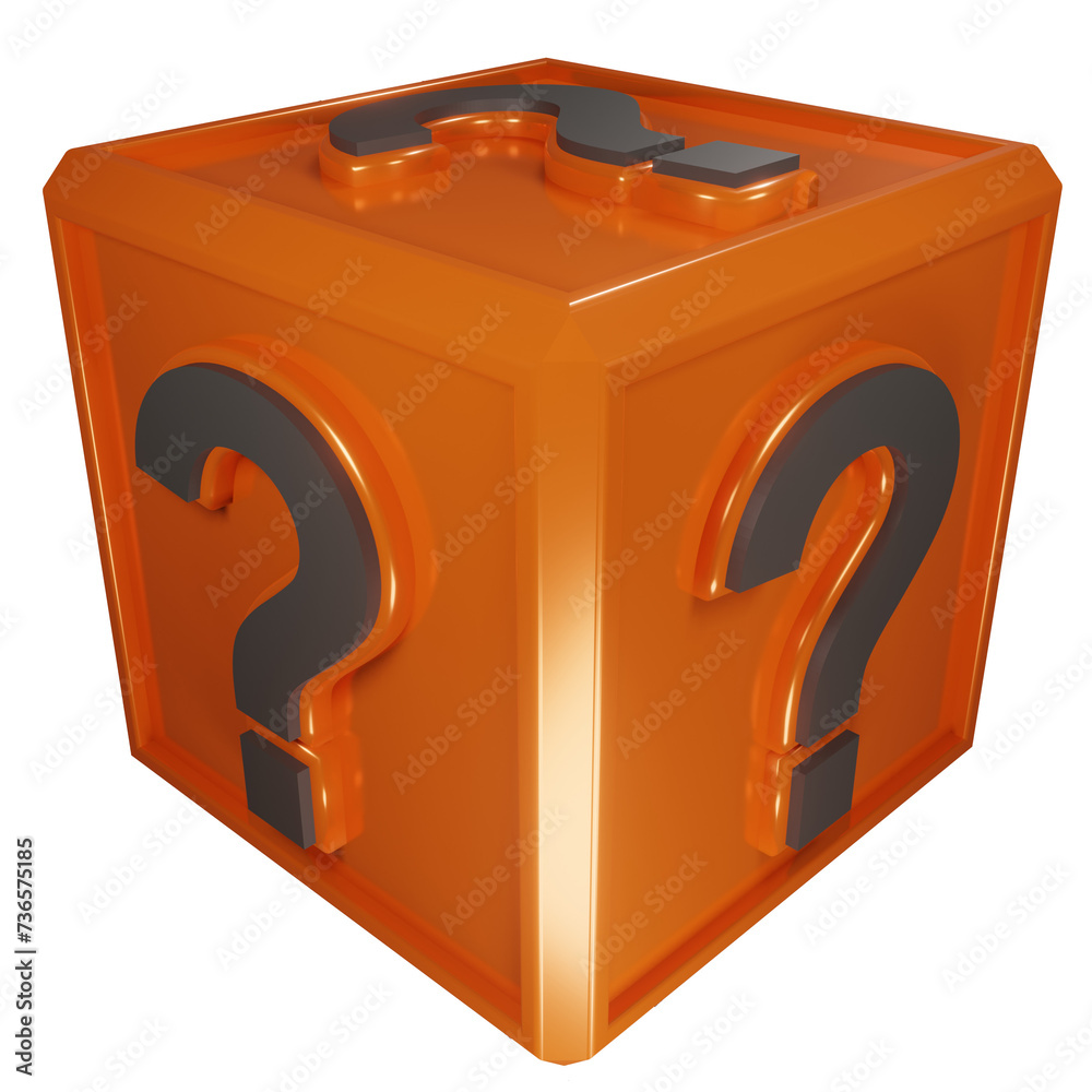 Cube with question sign on boxes doubt interrogation surprise orange ...