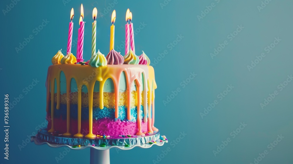 Colorful celebration birthday cake with lots of birthday candles and drip icing against a blue ...