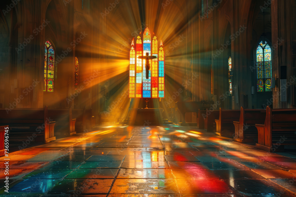 A dim old church interior lit by suns rays penetrating through a ...
