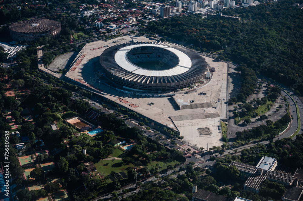 Concrete football stadium shaped like a coffin, aerial view Stock Photo ...