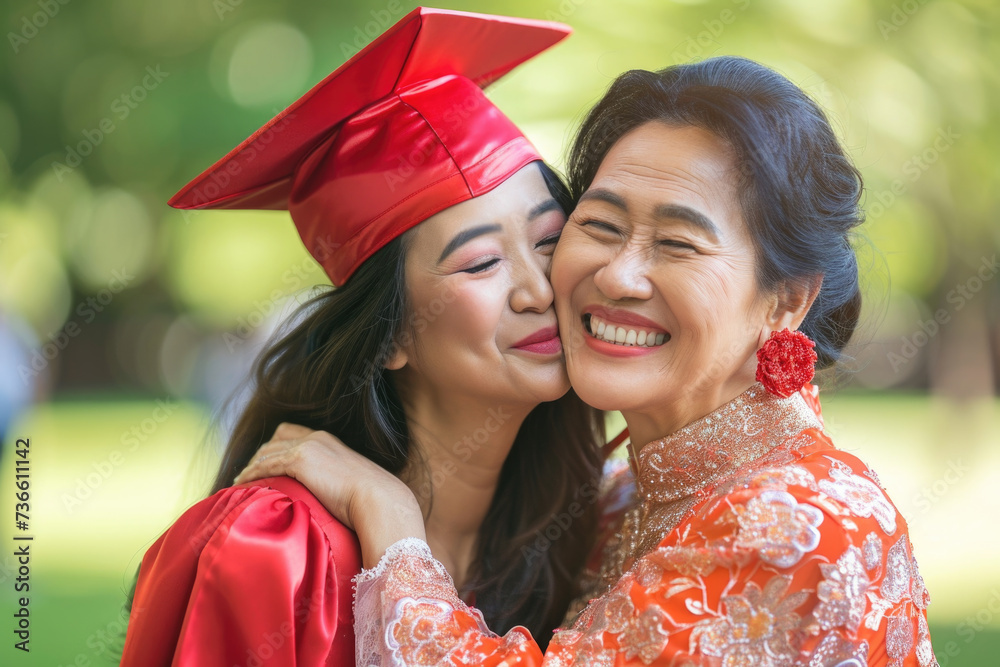 Foto de Two women wearing red graduation gowns embrace in a heartfelt ...