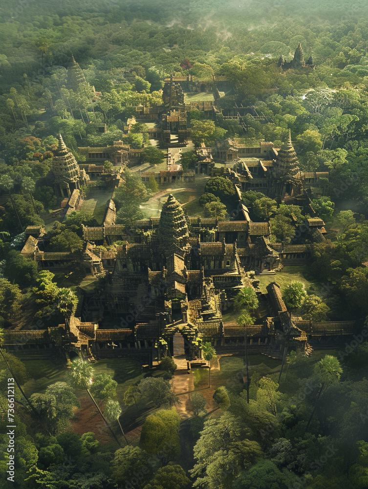 From a birds eye view the sprawling complex of Angkor Wat is seen in ...