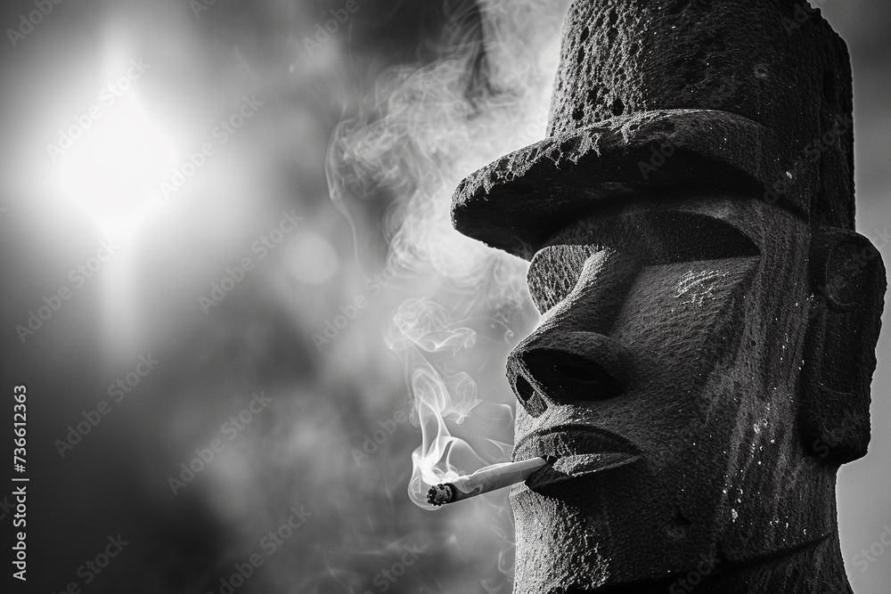 Moai statue in a baseball cap casually smoking with sun rays casting ...