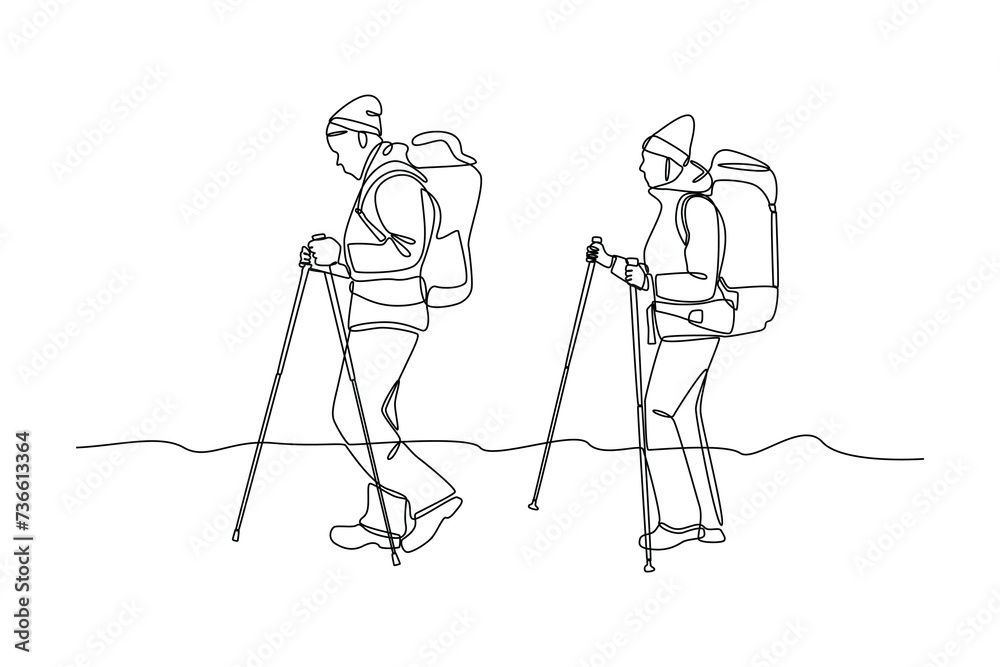 Continuous one line drawing couple man woman hikers with backpacks ...