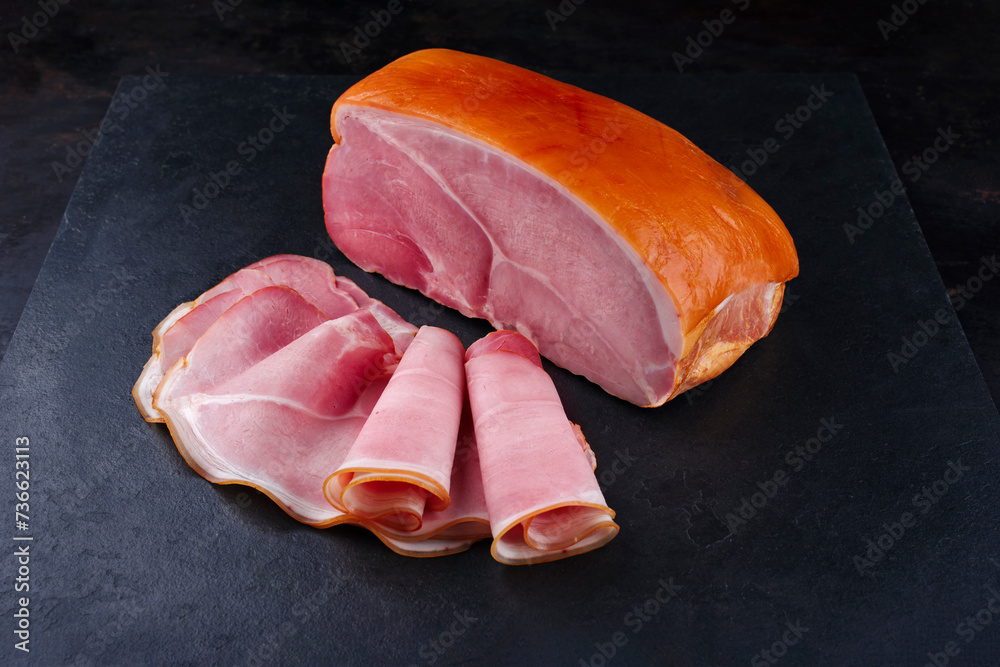 Traditional South Tyrolean farmer's ham sliced and in one piece offered ...