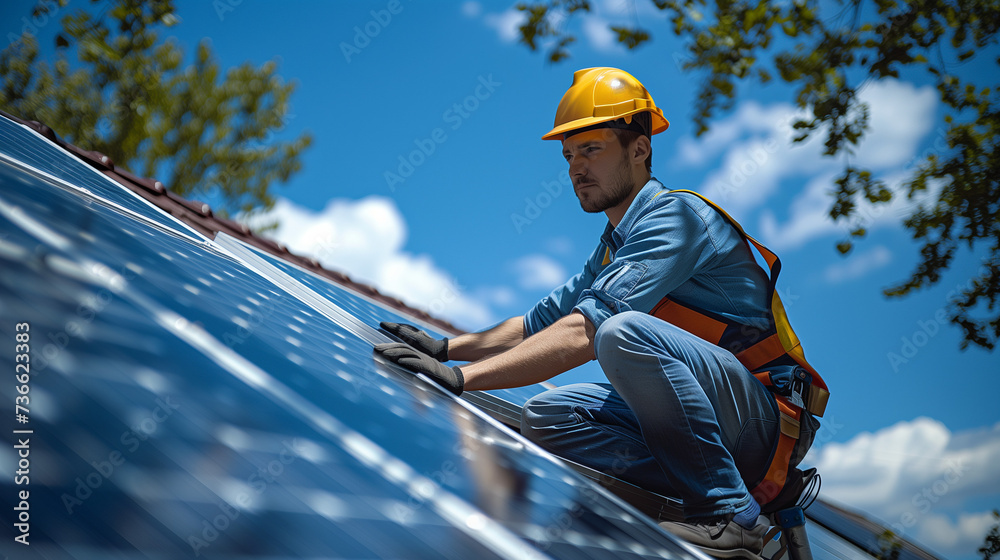Technician connecting solar panel to metal platform using electrical ...