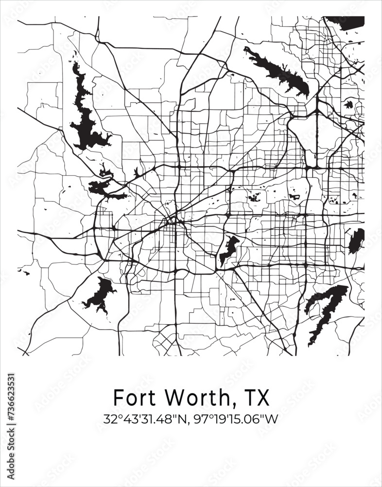Fort Worth city map. Travel poster vector illustration with coordinates ...