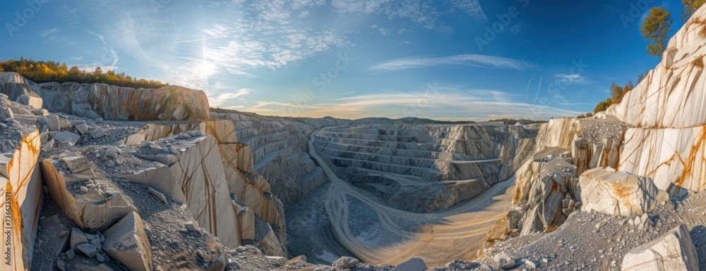 This photograph captures a vast open-air marble quarry, showcasing the ...