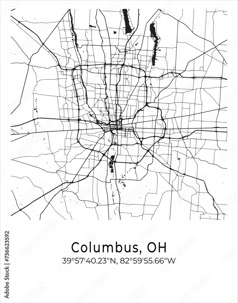 Columbus city map. Travel poster vector illustration with coordinates ...