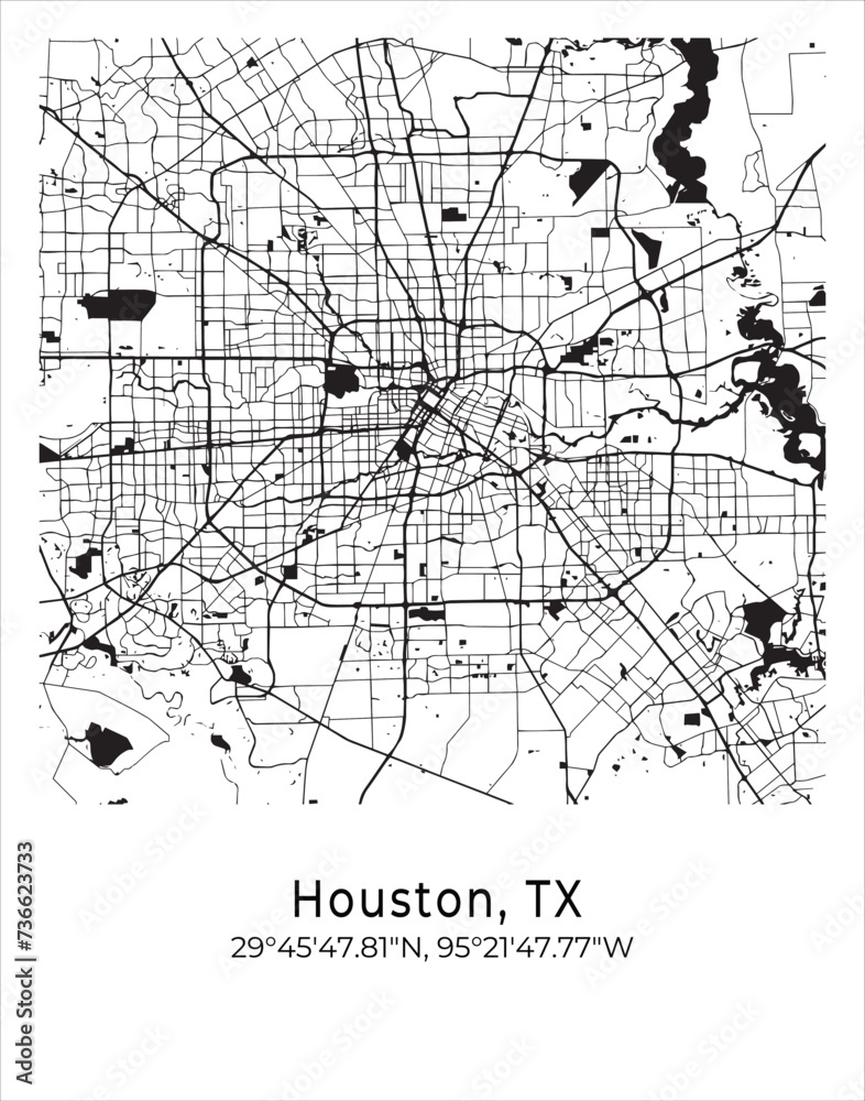 Houston city map. Travel poster vector illustration with coordinates ...