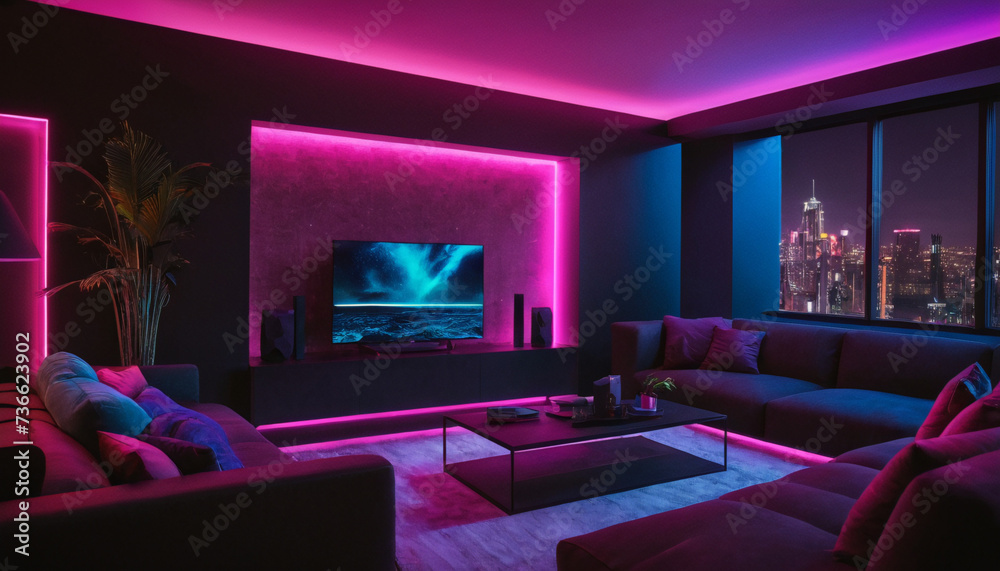 Home cinema, living room with colored LED lighting - Smart home. Big Tv ...