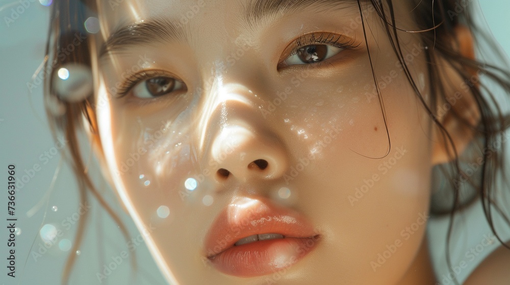 Cropped beautiful female Asian beauty care models face front close up ...