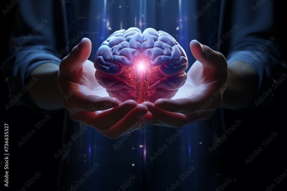 An illustration of a doctor holding a human brain, which emits a subtle ...