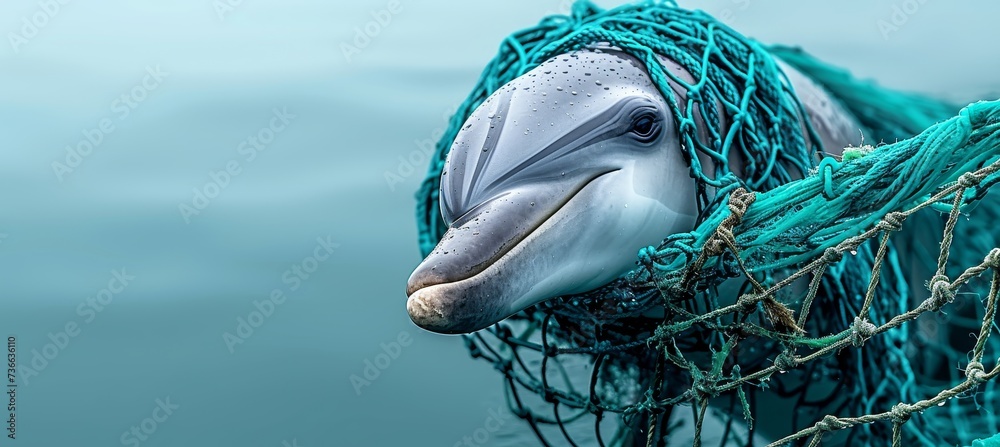Underwater view of dolphin caught in fishing net, highlighting impact ...