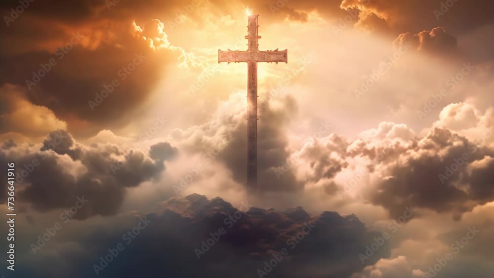 Vidéo Stock a cross floating in a beautiful shining sky scene rays of ...