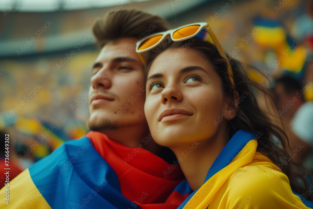 Romania fans cheering on their team from the stands of sports stadium ...