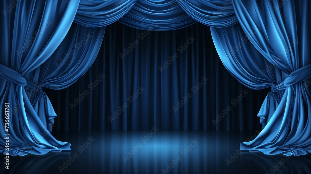 Dark blue theater curtains with spotlight on stage, theatrical drapery ...