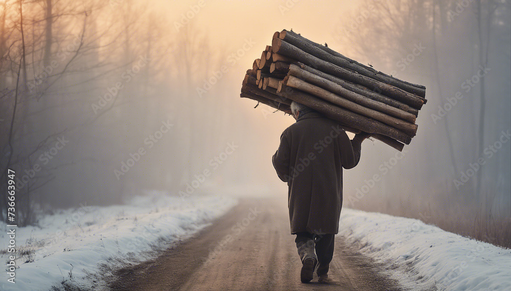 old man carrying chopped wood on his back in dense fog on a country ...