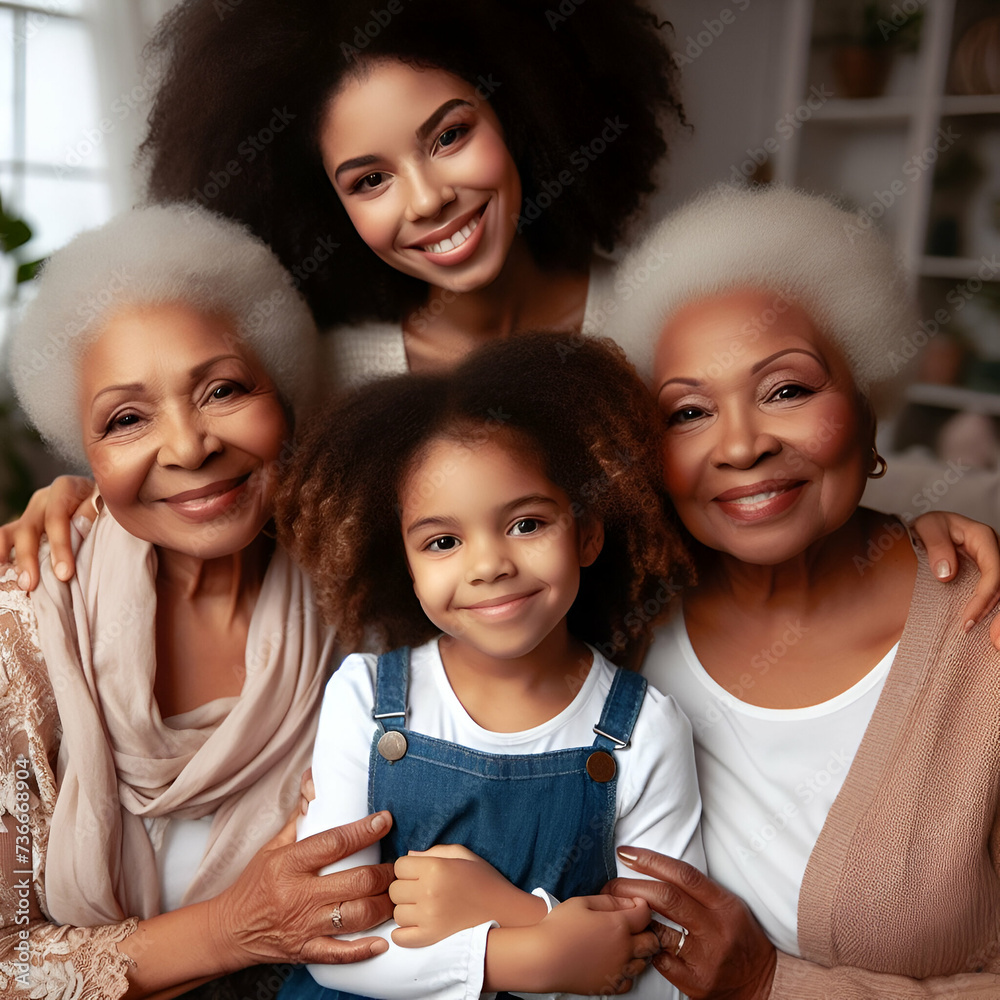 Happy Smiling Woman of four Generation Family Looking Forward Inside ...