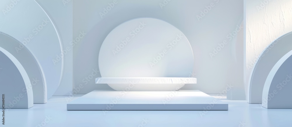 In the room there is a podium in the center surrounded by arches ...